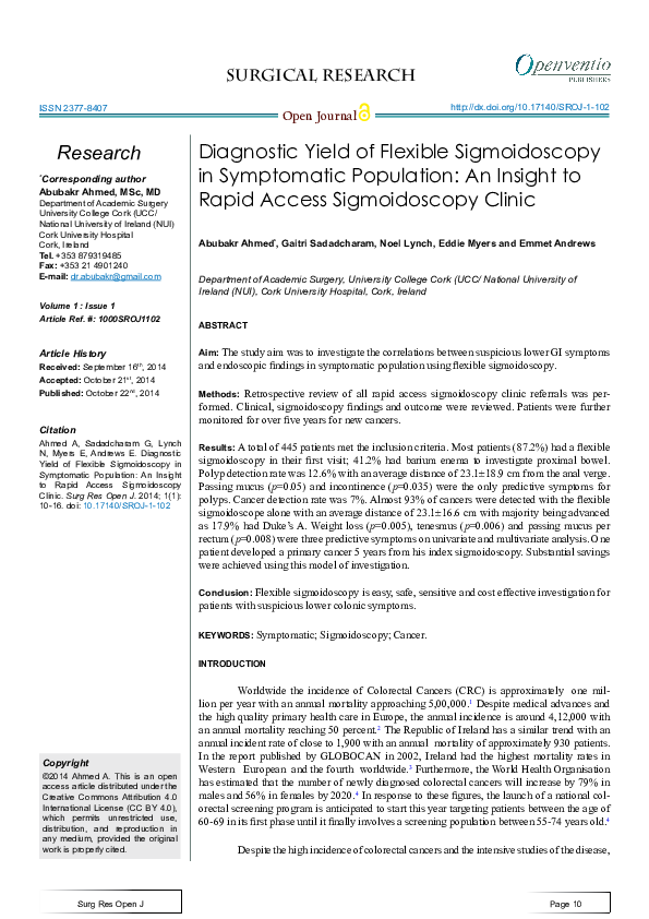 (PDF) Diagnostic Yield of Flexible Sigmoidoscopy in Symptomatic ...