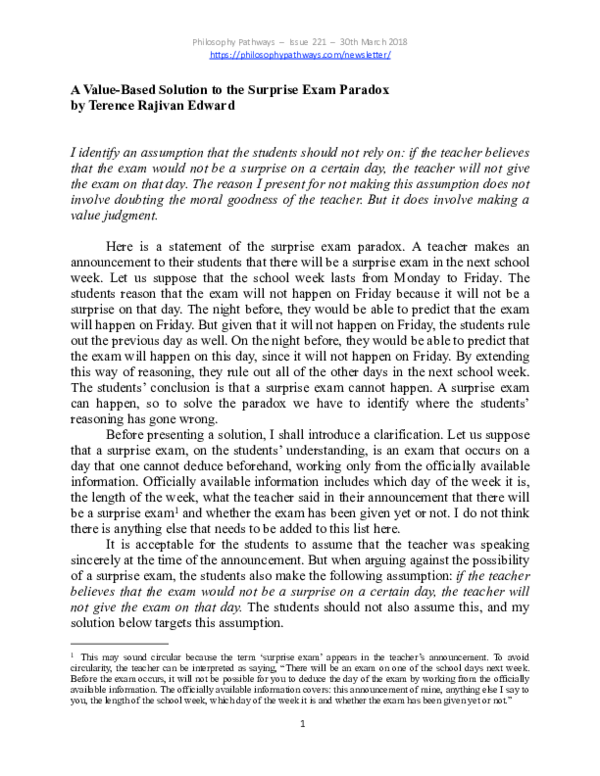 (PDF) A value-based solution to the surprise exam paradox