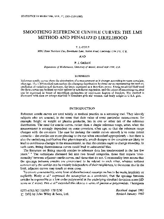 (PDF) SMOOTHING REFERENCE CENTILE CURVES: THE LMS METHOD AND PENALIZED ...