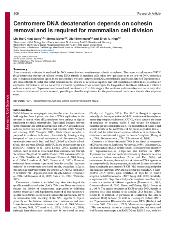 (PDF) Centromere DNA decatenation depends on cohesin removal and is ...