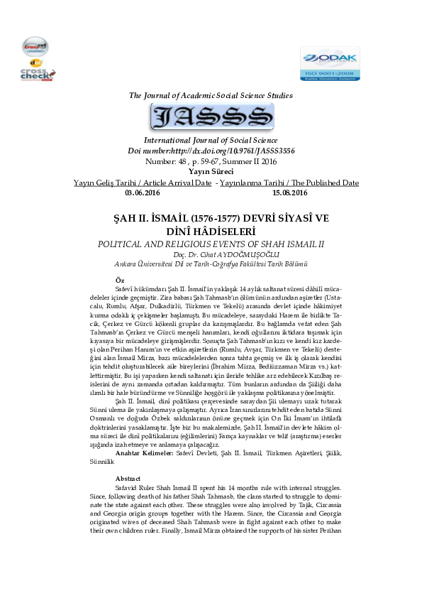 (PDF) ŞAH II. İSMAİL (1576-1577) DEVRİ SİYASÎ VE DİNÎ HÂDİSELERİ ...