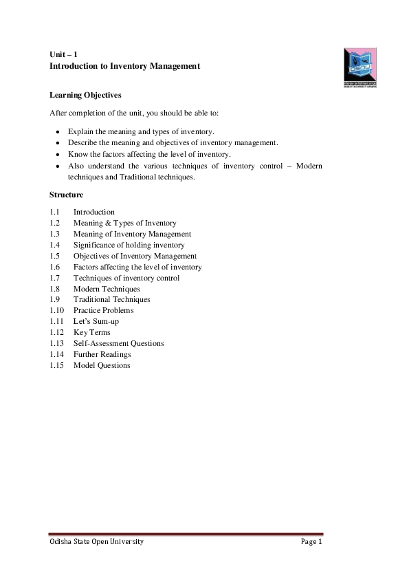 (PDF) Unit – 1 Introduction to Inventory Management