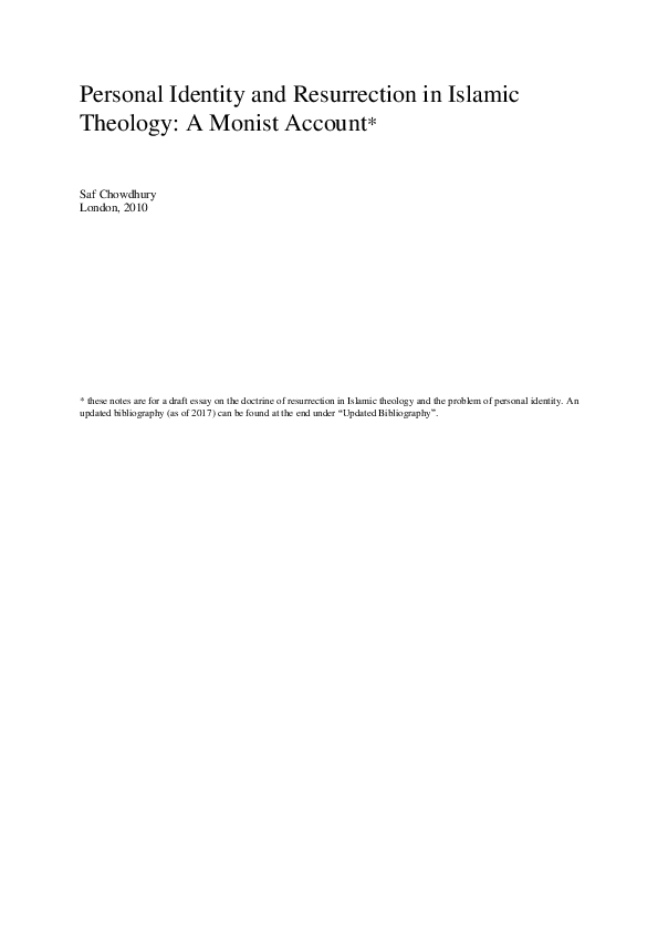 (PDF) Personal Identity and Resurrection in Islamic Theology: A Monist ...