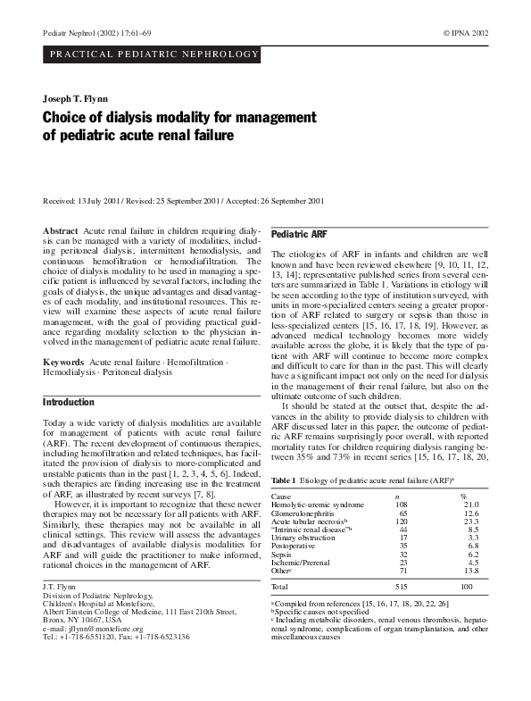 (PDF) Choice of dialysis modality for management of pediatric acute ...