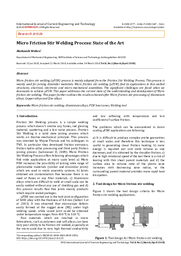 (PDF) Micro Friction Stir Welding Process: State of the Art
