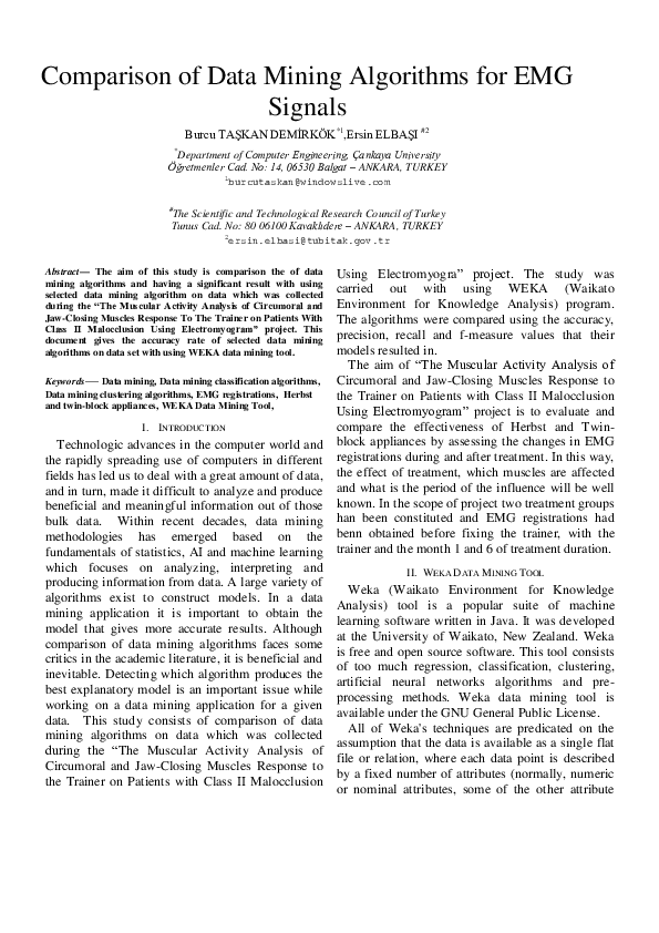 Pdf Comparison Of Data Mining Algorithms For Emg Signals Ersin Elbasi