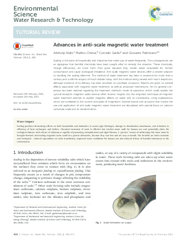 (PDF) Environmental Science Water Research & Technology Advances in anti-scale magnetic water ...