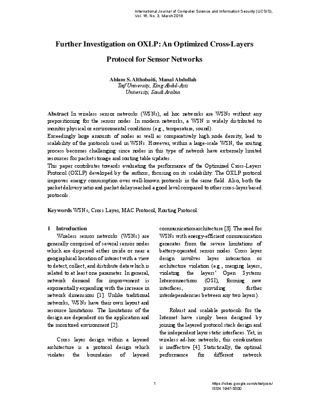 (PDF) Further Investigation on OXLP: An Optimized Cross-Layers Protocol for Sensor Networks