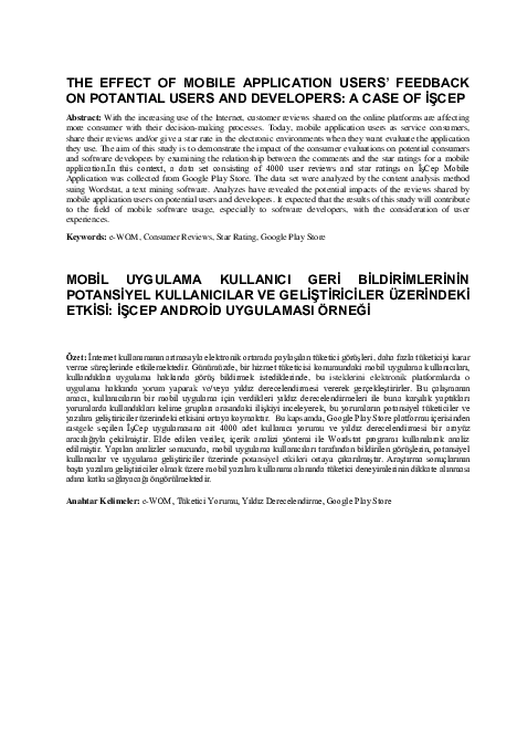 (PDF) THE EFFECT OF MOBILE APPLICATION USERS' FEEDBACK ON POTANTIAL USERS AND DEVELOPERS: A CASE ...