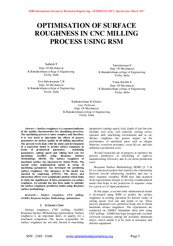 (PDF) OPTIMISATION OF SURFACE ROUGHNESS IN CNC MILLING PROCESS USING RSM