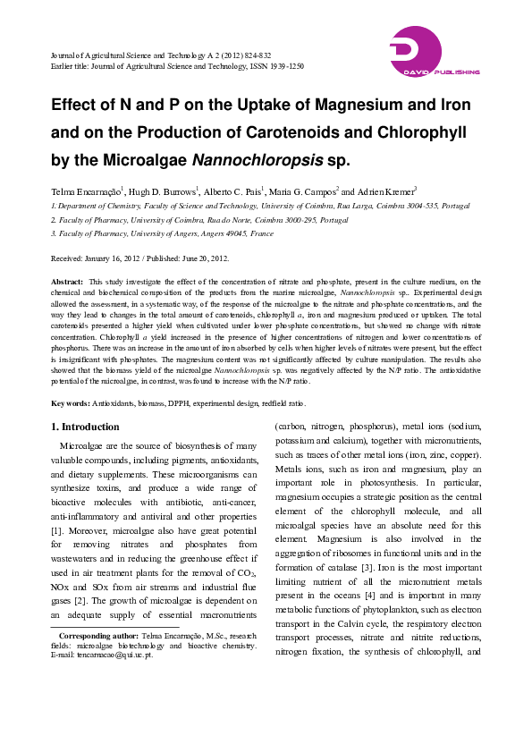 (PDF) Effect of N and P on the Uptake of Magnesium and Iron and on the Production of Carotenoids ...