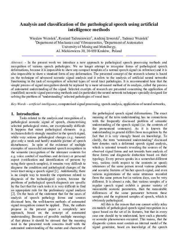 Pdf Analysis And Classification Of The Pathological Speech Using Artificial Intelligence Methods
