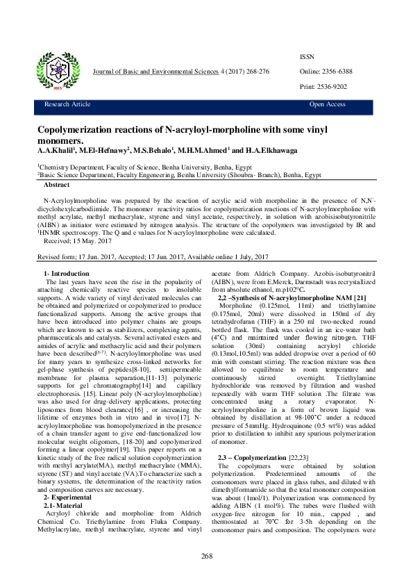 (PDF) Copolymerization reactions of N-acryloyl-morpholine with some ...