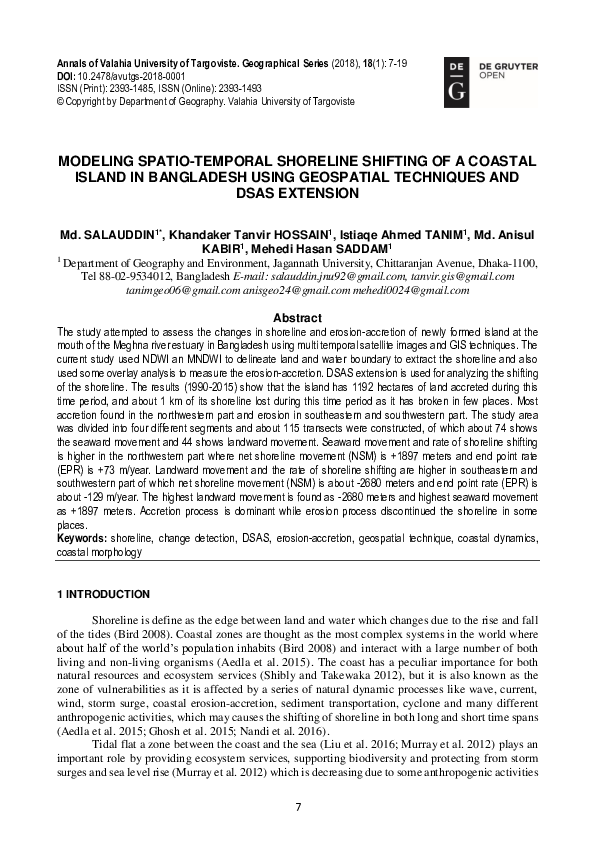 Pdf Modeling Spatio Temporal Shoreline Shifting Of A Coastal Island In Bangladesh Using