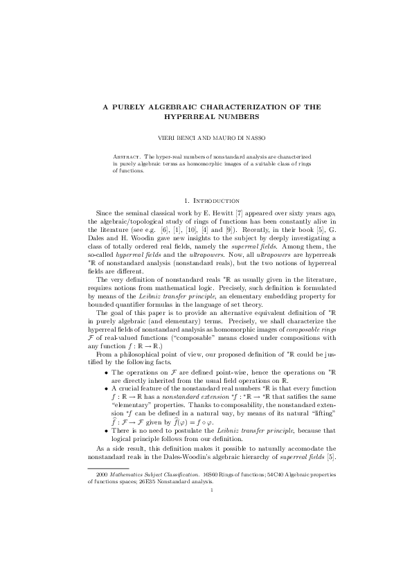 (PDF) A Purely Algebraic Characterization of the Hyperreal Numbers ...