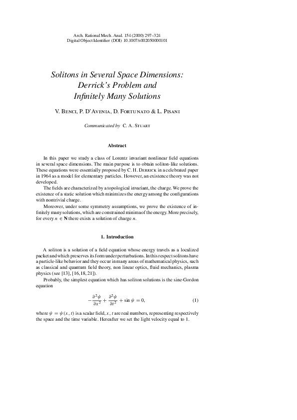 (PDF) Solitons in Several Space Dimensions:¶Derrick's Problem and ...