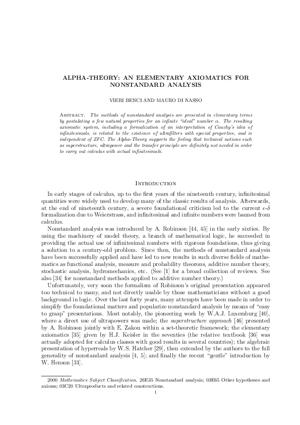 (PDF) Alpha-theory: An elementary axiomatics for nonstandard analysis ...