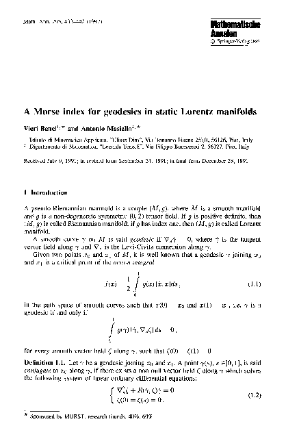 (PDF) A Morse index for geodesics in static Lorentz manifolds | Vieri ...