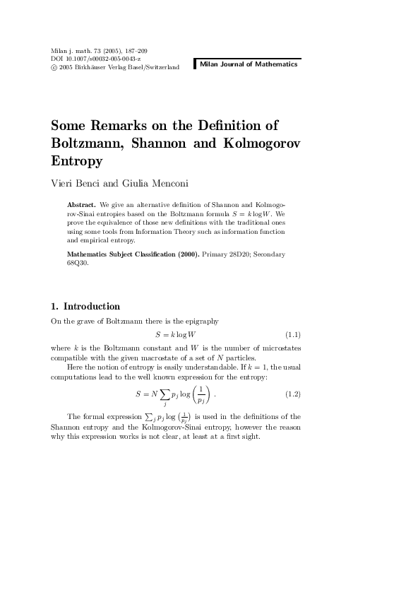 (PDF) Some Remarks on the Definition of Boltzmann, Shannon and ...