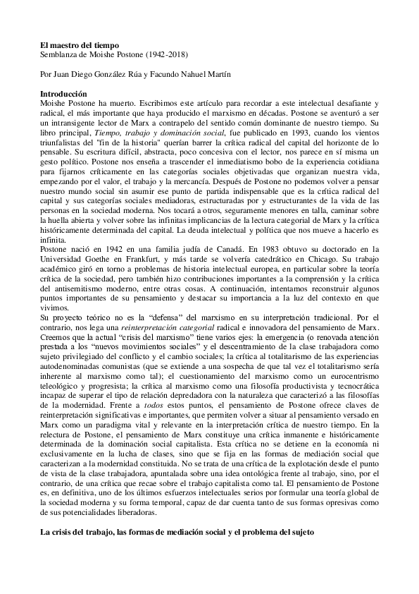 (DOC) El maestro del tiempo Semblanza de Moishe Postone (1942-2018