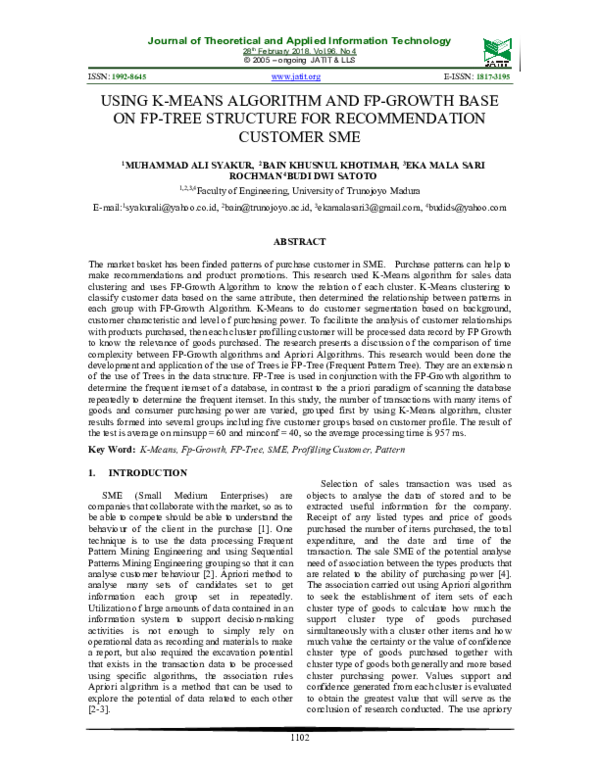 (PDF) USING K-MEANS ALGORITHM AND FP-GROWTH BASE ON FP-TREE STRUCTURE FOR RECOMMENDATION ...