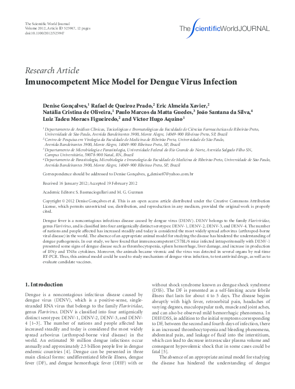 (PDF) Imunocompetent Mice Model for Dengue Virus Infection