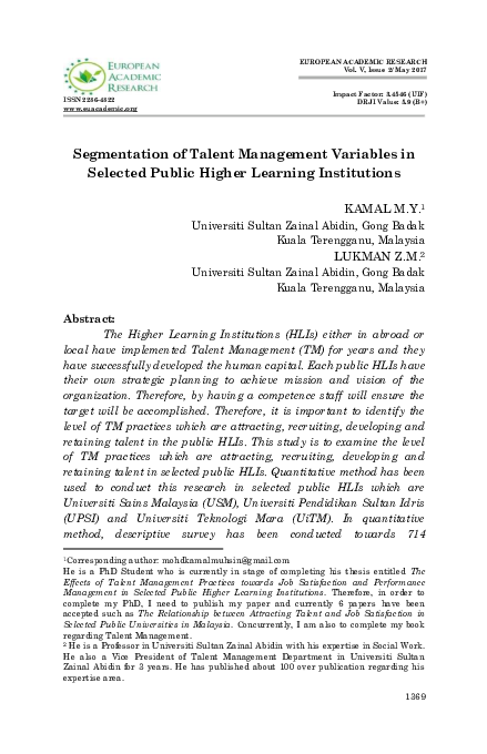 (PDF) Segmentation of Talent Management Variables in Selected Public ...