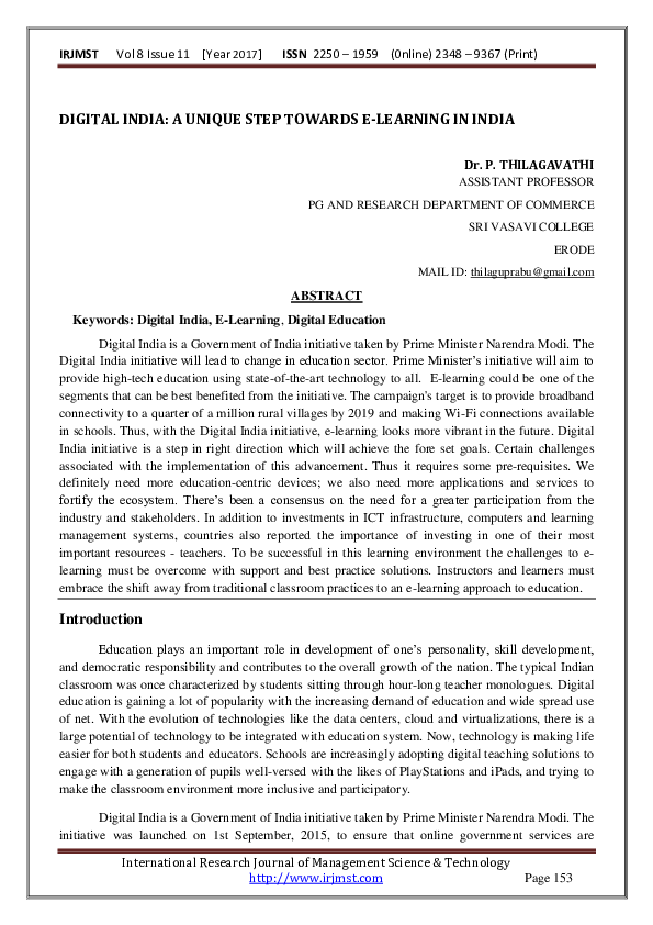 (PDF) DIGITAL INDIA: A UNIQUE STEP TOWARDS E-LEARNING IN INDIA ...