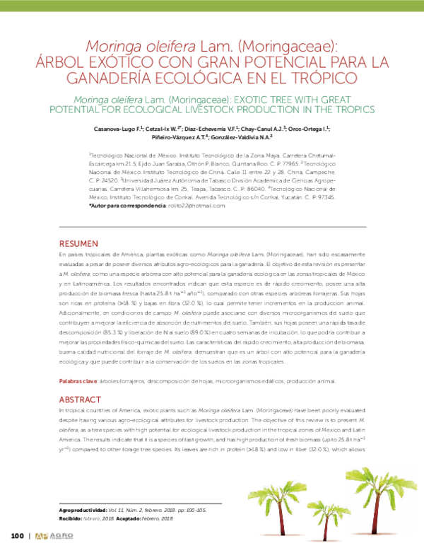 (PDF) Moringa oleifera Lam. (Moringaceae): árbol exótico con gran potencial para la ganadería ...