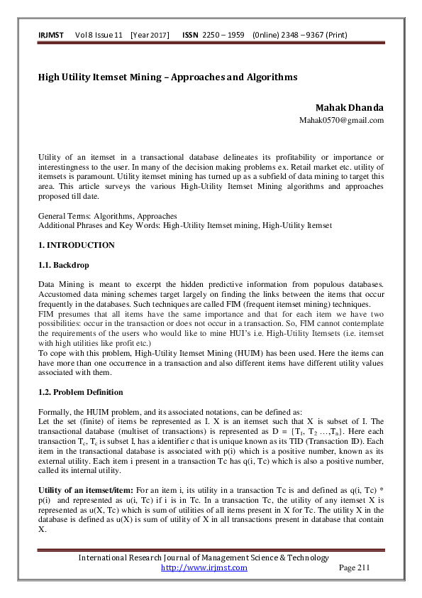 (PDF) High Utility Item set Mining – Approaches and Algorithms
