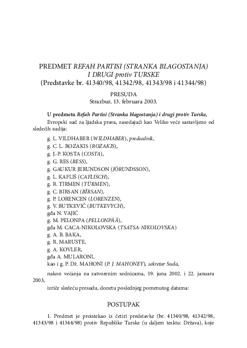 (PDF) CASE OF REFAH PARTISI THE WELFARE PARTY AND OTHERS v. TURKEY ...