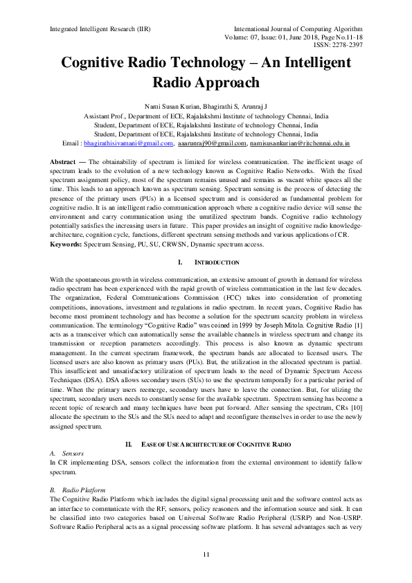 (PDF) Cognitive Radio Technology – An Intelligent Radio Approach