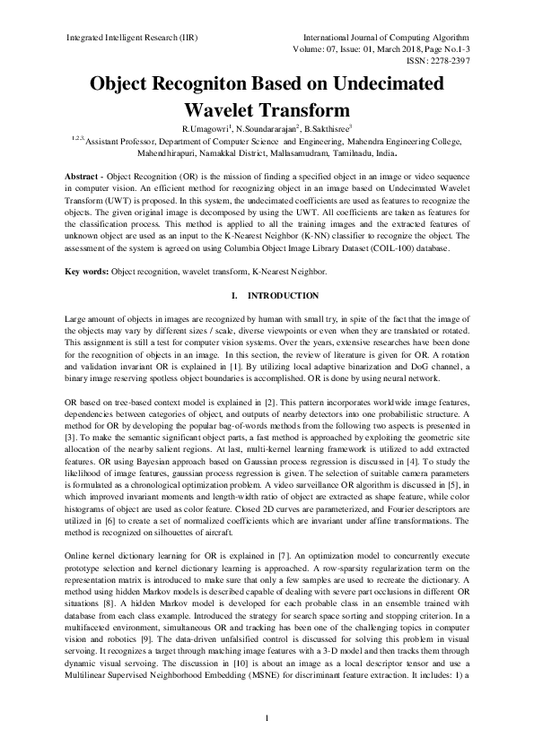 (PDF) Object Recogniton Based on Undecimated Wavelet Transform