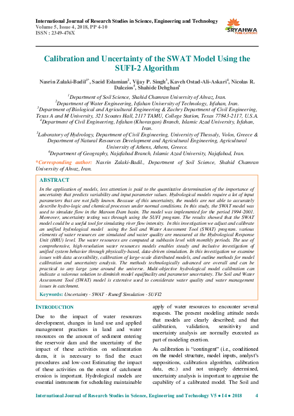 (PDF) Calibration and Uncertainty of the SWAT Model Using the SUFI-2 Algorithm