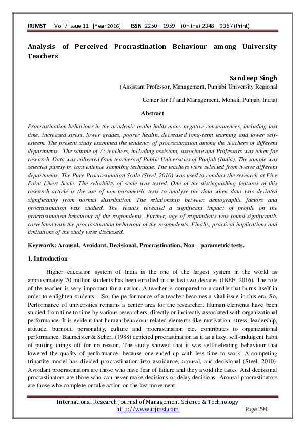(PDF) Analysis of Perceived Procrastination Behavior among University ...