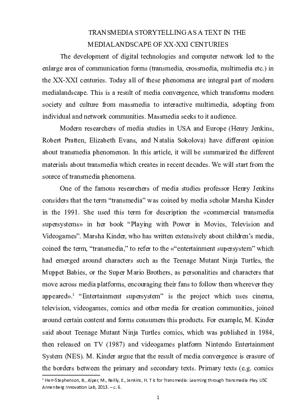 (DOC) Transmedia storytelling as a text in the medialandscape of XX-XXI ...