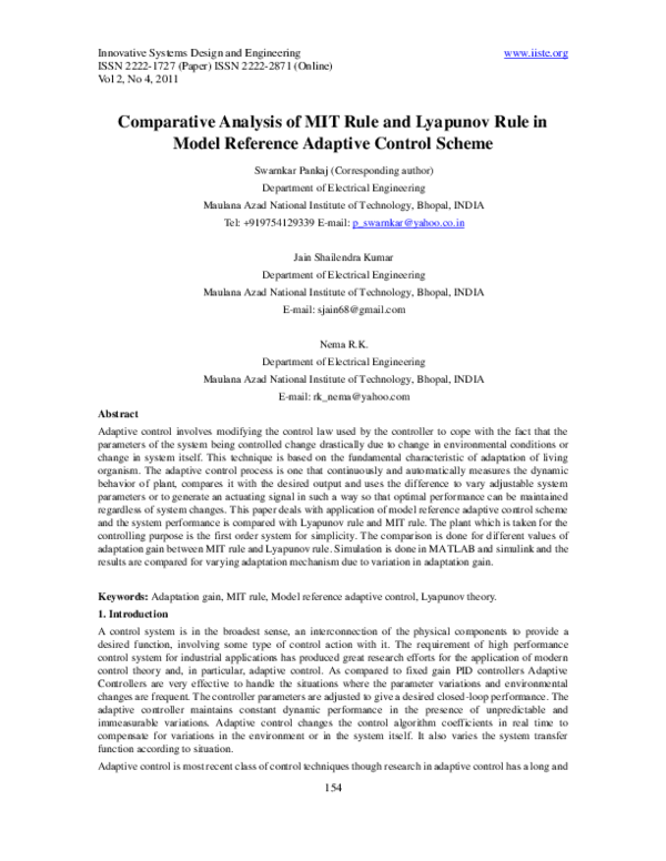 Pdf Comparative Analysis Of Mit Rule And Lyapunov Rule In Model Reference Adaptive Control Scheme
