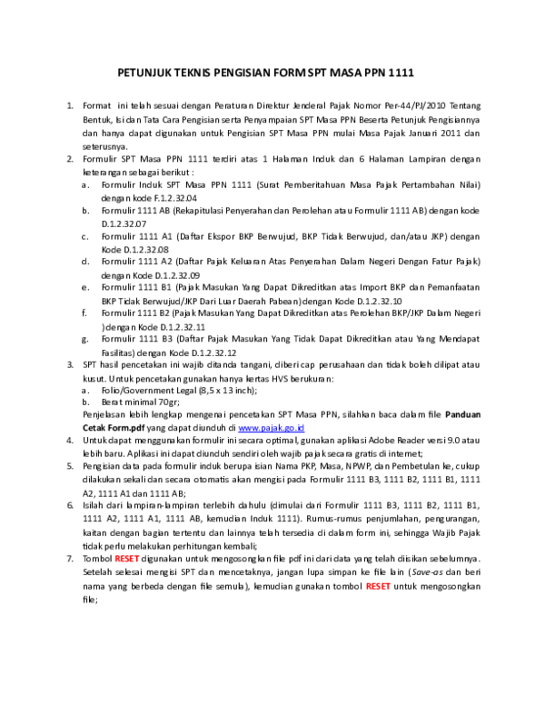 (DOC) PETUNJUK TEKNIS PENGISIAN FORM SPT MASA PPN 1111