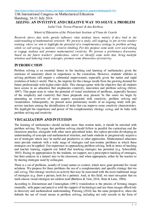 (PDF) SEEING: AN INTUITIVE AND CREATIVE WAY TO SOLVE A PROBLEM