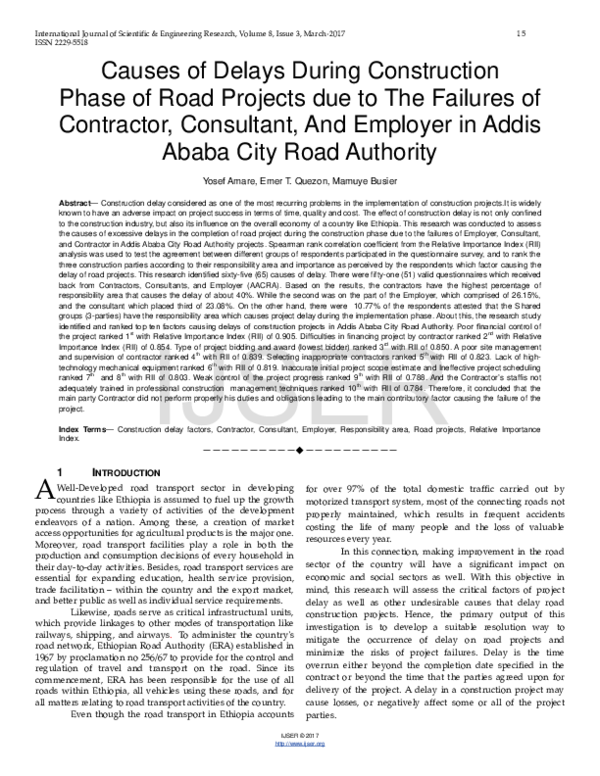 (PDF) Causes of Delays During Construction Phase of Road Projects due to The Failures of ...