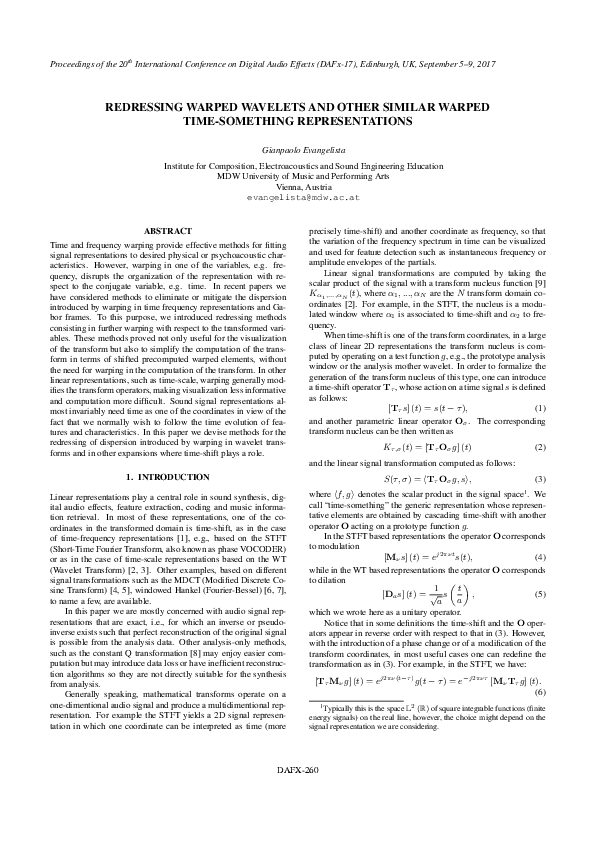 (PDF) REDRESSING WARPED WAVELETS AND OTHER SIMILAR WARPED TIME-SOMETHING REPRESENTATIONS