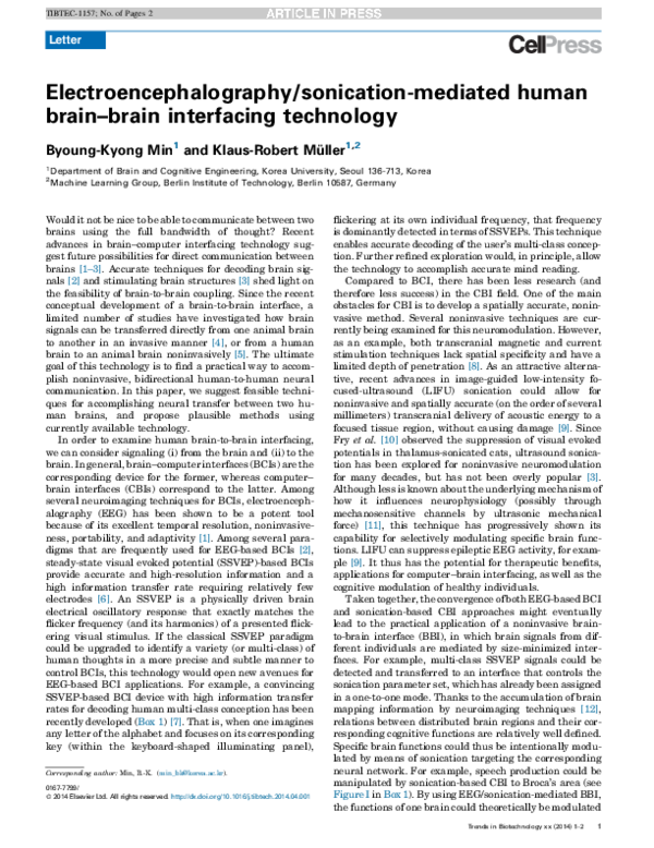 (PDF) Electroencephalography/sonication-mediated human brain–brain interfacing technology