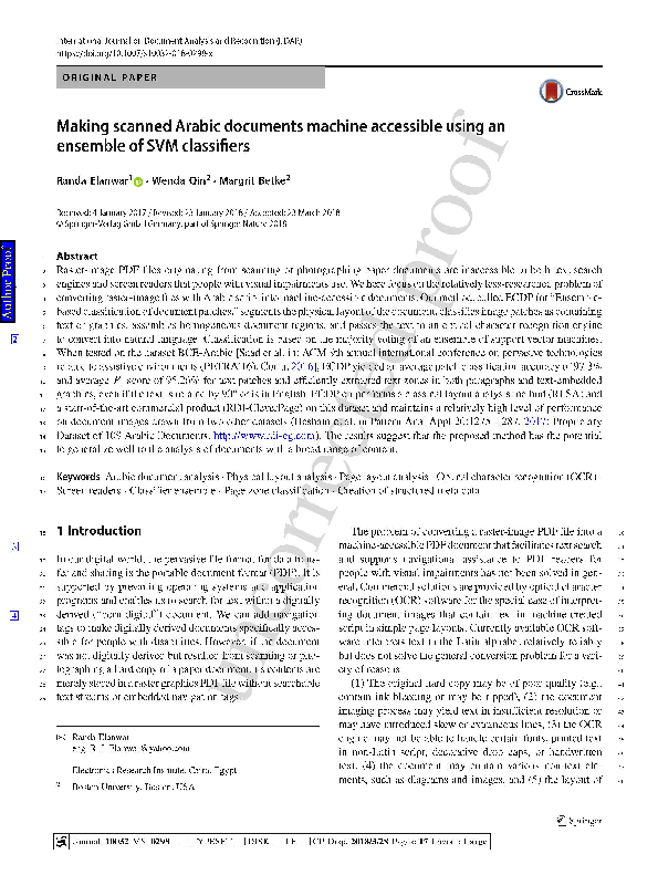 Pdf Making Scanned Arabic Documents Machine Accessible Using An Ensemble Of Svm Classifiers