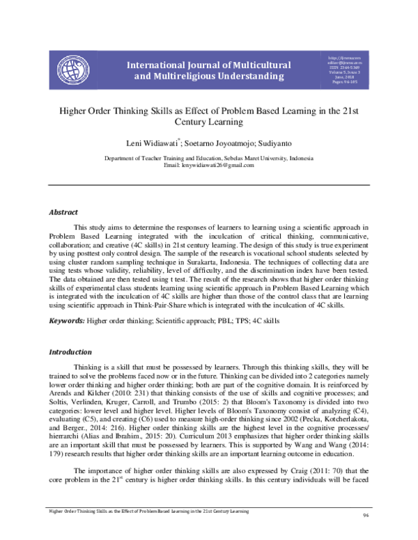 Pdf Higher Order Thinking Skills As Effect Of Problem Based Learning