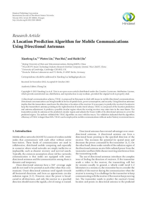 (PDF) A Location Prediction Algorithm for Mobile Communications Using Directional Antennas