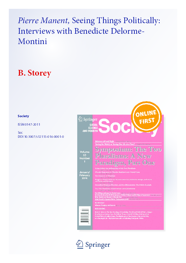 (PDF) On Pierre Manent's "Seeing Things Politically"