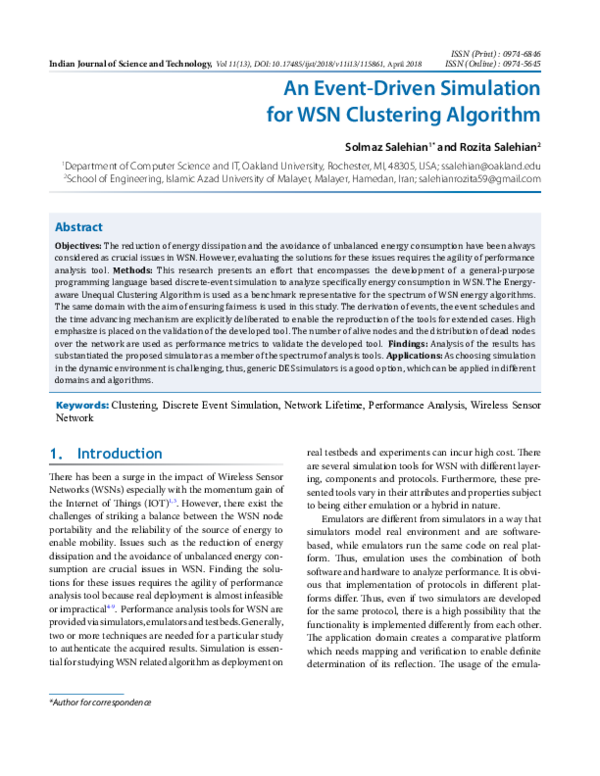 (PDF) An Event-Driven Simulation for WSN Clustering Algorithm