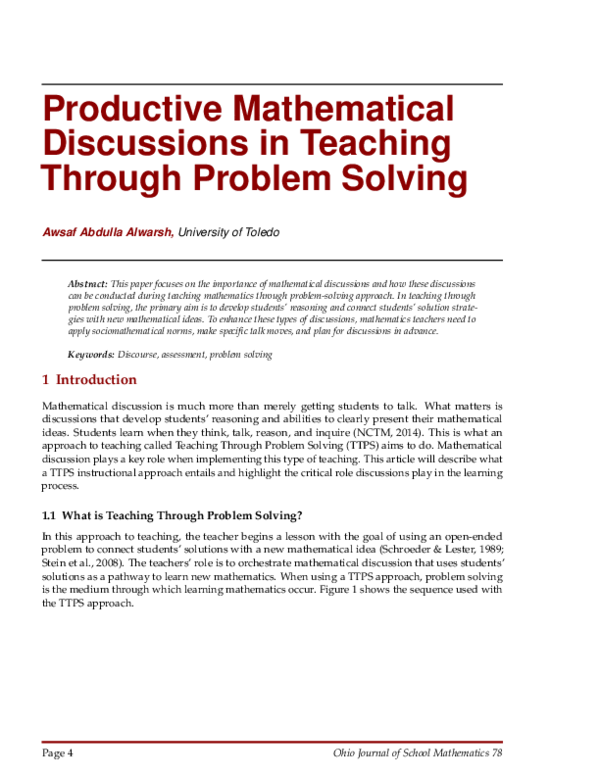 (PDF) Productive Mathematical Discussions in Teaching Through Problem ...