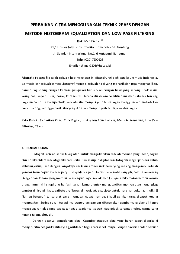 Pdf Perbaikan Citra Menggunakan Teknik 2pass Dengan Metode Histogram Equalization Dan Low Pass