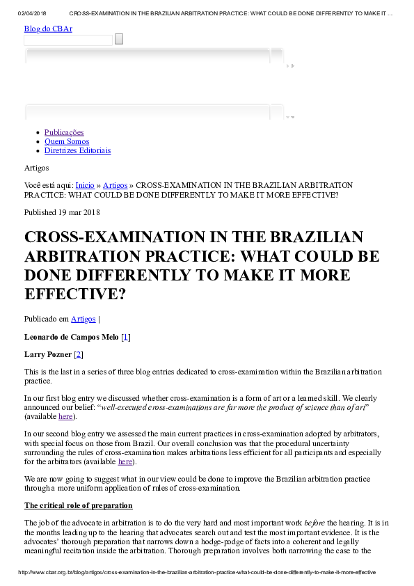 (PDF) Cross-Examination in the Brazilian Arbitration Practice: What ...